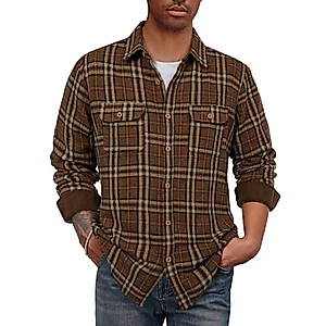 Mens Vintage Plaid Shacket Jacket Flannel Shirt for Men Button Down Shirt Jacket Tops Coffee