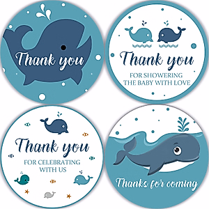 80 Pieces Cute Blue Whale Ocean Thank You Stickers, Baby Shower Birthday Party Decorate Ocean Theme Round Party Gift Wrap Bag Label Decorations, 4 Design Stickers