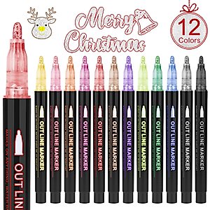 OLINGYOU Outline Markers, 12 Colors Shimmer Markers Set, Self Outline Metallic Outline Marker Pen Set for Art, Drawing, Doodling, Card Making, Greeting Cards, DIY Crafts