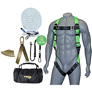 AFP 50FT Fall Protection Roofer Kit Braided Vertical Lifeline w/Rope Grab, 1 D-Ring Safety Harness, Hinged Anchor, Ballistic Nylon Tool Bag, Free Tool Lanyard | OSHA & ANSI Rated