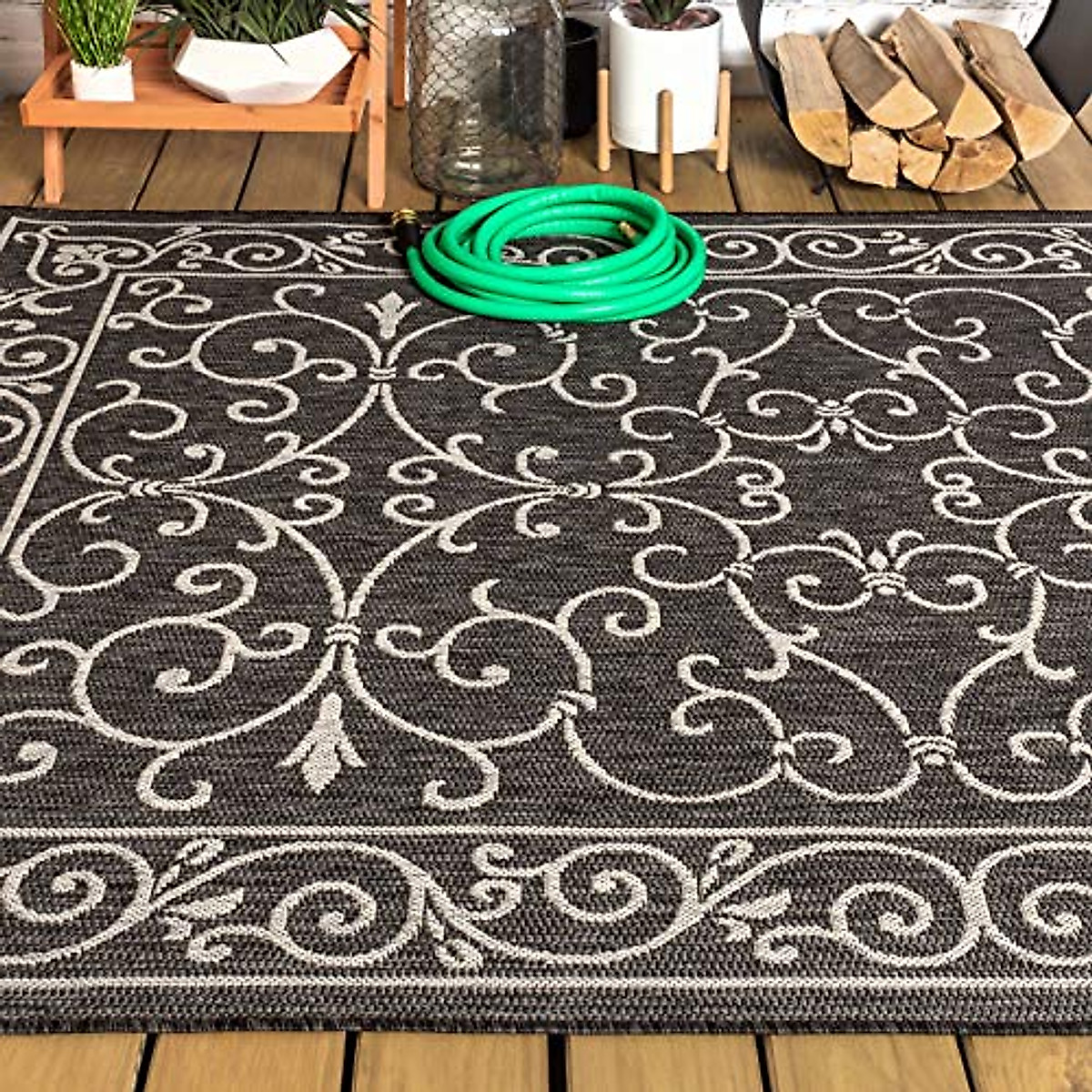 JONATHAN Y SMB106G-4 Charleston Vintage Filigree Textured Weave Indoor Outdoor-Rug LivingRoom Backyard,4 X 6,Black/Gray