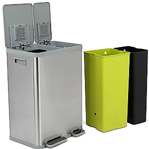 SIMPLI-MAGIC 60 Liter / 16 Gallon Rectangular Hands-Free Dual Compartment Recycling Kitchen Step Trash Can with Soft-Close Lid, Brushed Stainless Steel (38L x 22L Capacity)