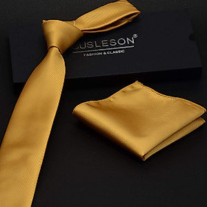 GUSLESON 2.4" Slim Necktie and Handkerchief Set For Men Solid Skinny Tie Brooch Set (Goldenrod)