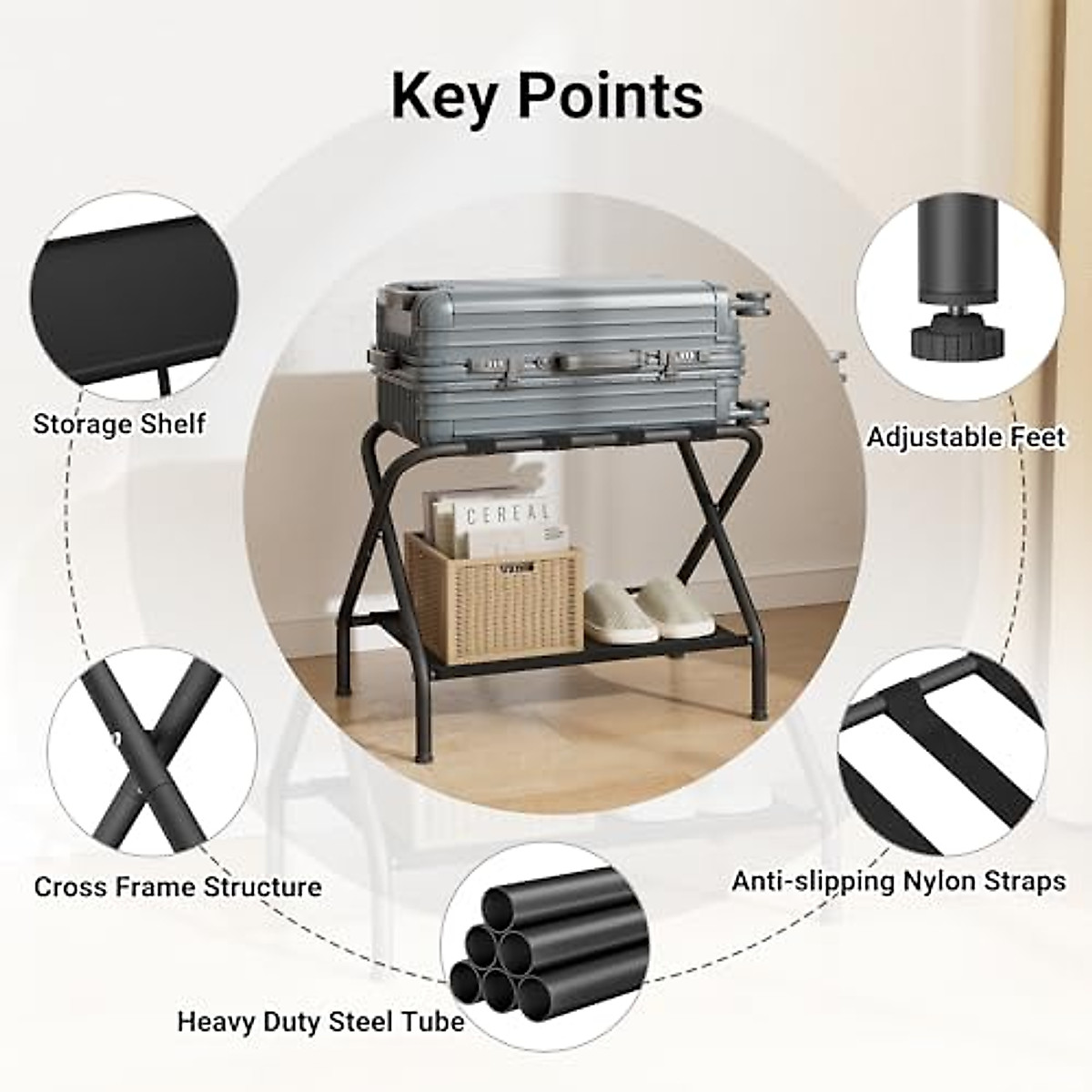 Dunatou Luggage Rack, Suitcase Stand with Storage Shelf, Luggage Stand for Guest Room, Hotel, Bedroom, Hold up to 200 lb, Black, Installation Method is Simpler than Before