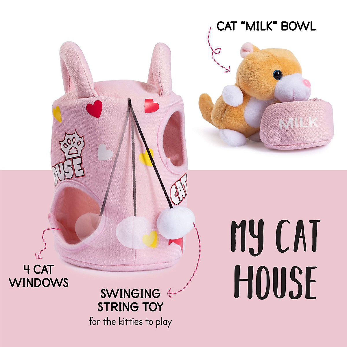 Plush Creations Talking Plush Cat House for Kids Includes Plush Cat House Carrier with 4 Soft Stuffed Talking & Meowing Kittens & A Cat Plush Milk Bowl Best Interactive Toy for Babies Or Toddlers