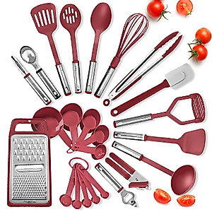 Cooking Utensils Set - 24 Pieces Nylon Kitchen Gadgets, Spatula Set with Stainless Steel Handles - Heat Resistant Kitchen Utensils Set - Red Kitchen Tools and Gadgets