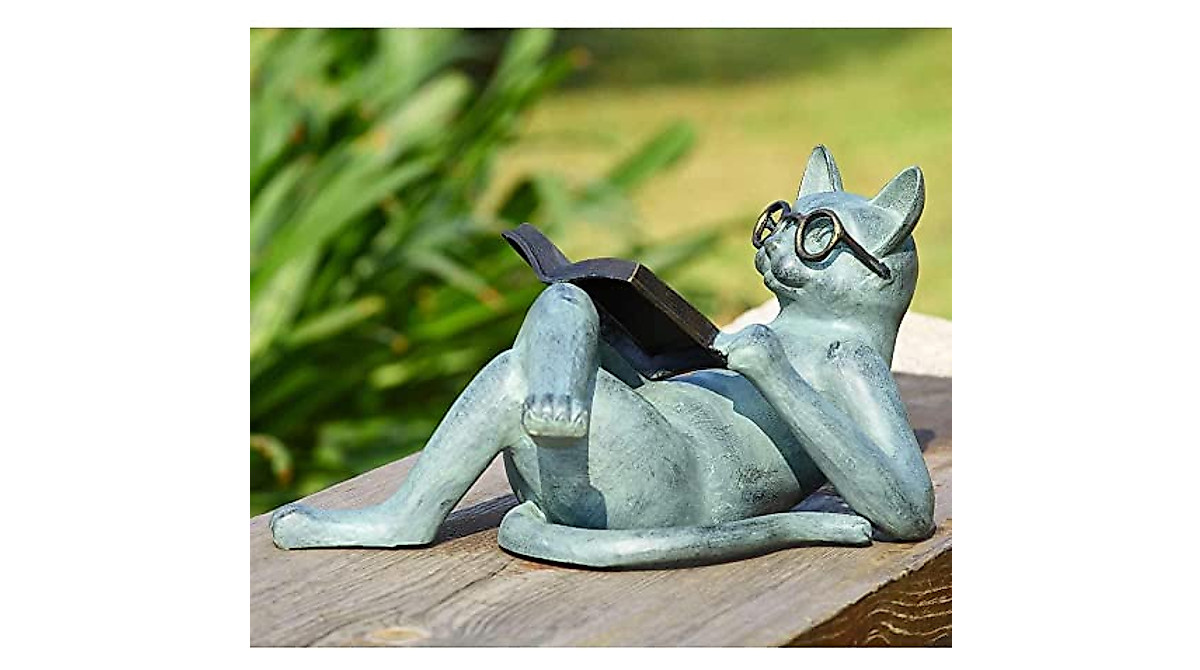 Faruxue Cat Statues Garden Decor - Whimsical Reading Cat Sculpture