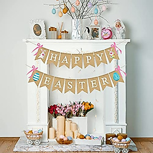 Happy Easter Banner, Easter Decorations Burlap Easter Garland with Bunny Sign for Spring Themed Party Favors Supplies, No DIY Required