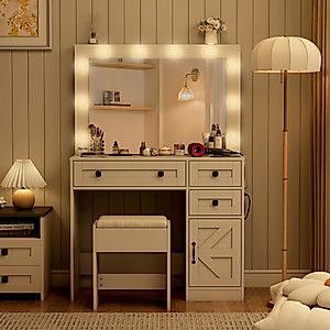 Pipleo Farmhouse Vanity Makeup Desk with Lighted Mirror, 35.4" Modern Vanity Desk Set with 3 Drawers and Power Outlet, 3 Lighting Modes Brightness Adjustable for Bedroom, Including Vanity Stool, White