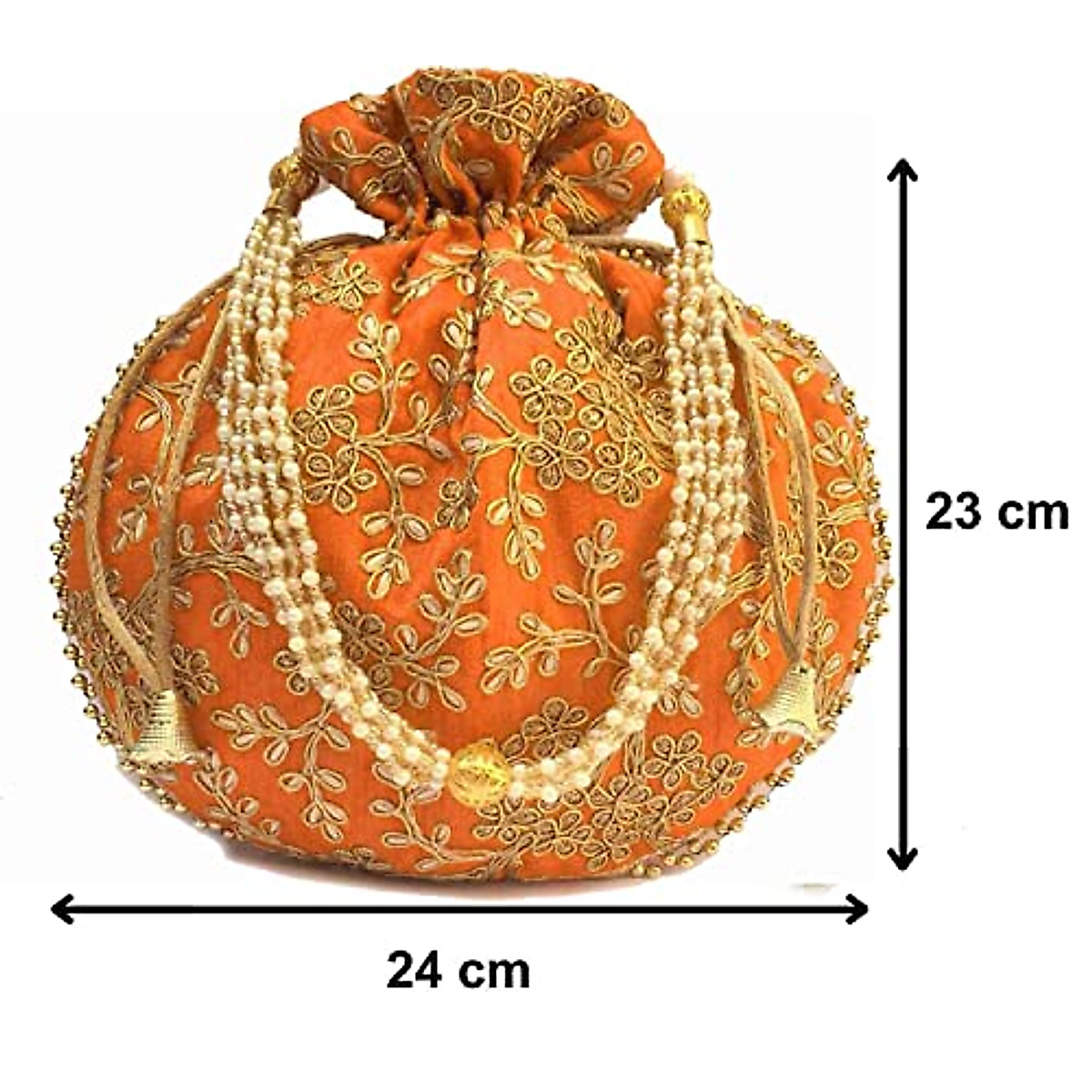 Indian Ethnic Designer Embroidery Silk Potli bag Batwa Pearls Handle Ladies Handbag Purse for Bridal Party Clutch for Women wedding and Gifting (Orange)
