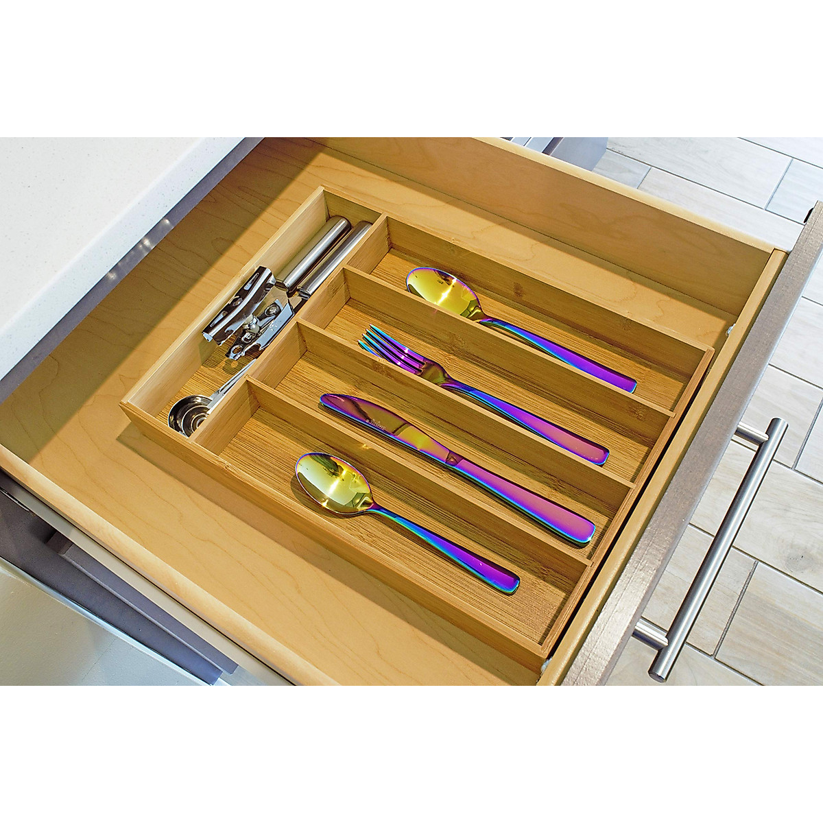 Drawer Organizer By Kozy Kitchen| 100% Organic Bamboo| Premium Cutlery and Utensil Tray| Perfect For The Kitchen, Bathroom, Desk, etc.| Kitchen Drawer Divider with 5 Compartments