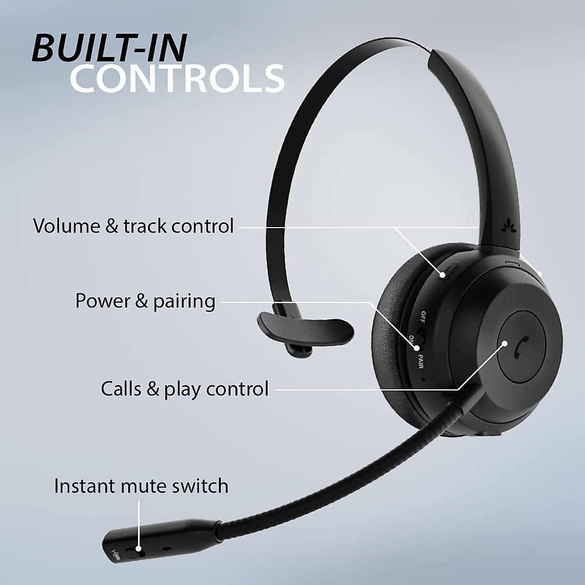Avantalk Alto Solo - Wireless Headset with Mic for Work with Qualcomm Bluetooth Solution, CVC Noise-Canceling for PC, Computer & Laptop, Charging Stand, Mute Button, Wired Headphones Option