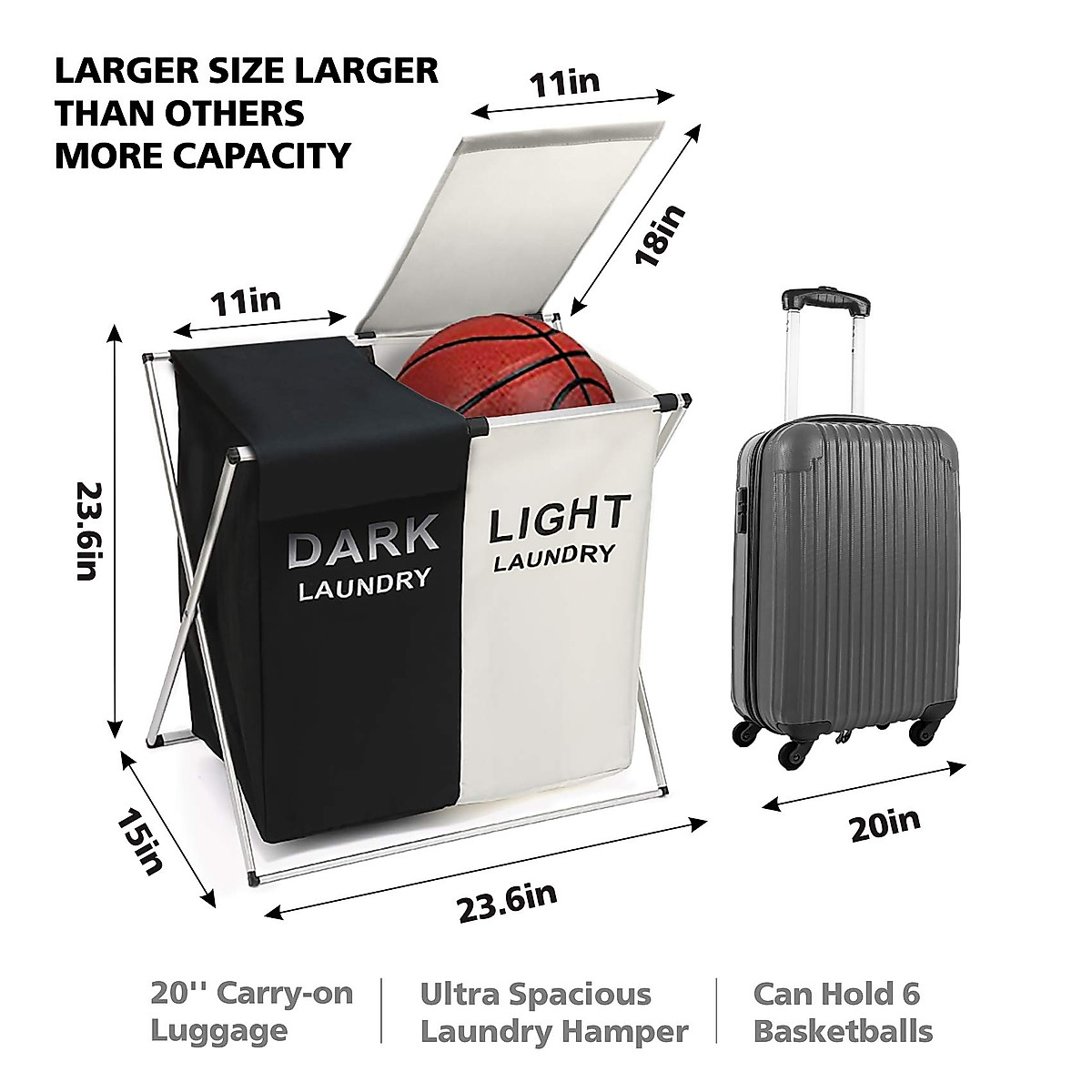 Double Laundry Hamper with Lid and Removable Laundry Bags, 125L Large Foldable Dirty Clothes Organizer Storage Bag with Handle and Aluminum Frame for Home Bathroom Dorm