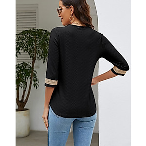 LIOFOER Women's Casual 3/4 Sleeve Shirts Lace V Neck Color Block Dressy Tops Trendy Hollow Floral Blouses T Shirts S-XXL Black