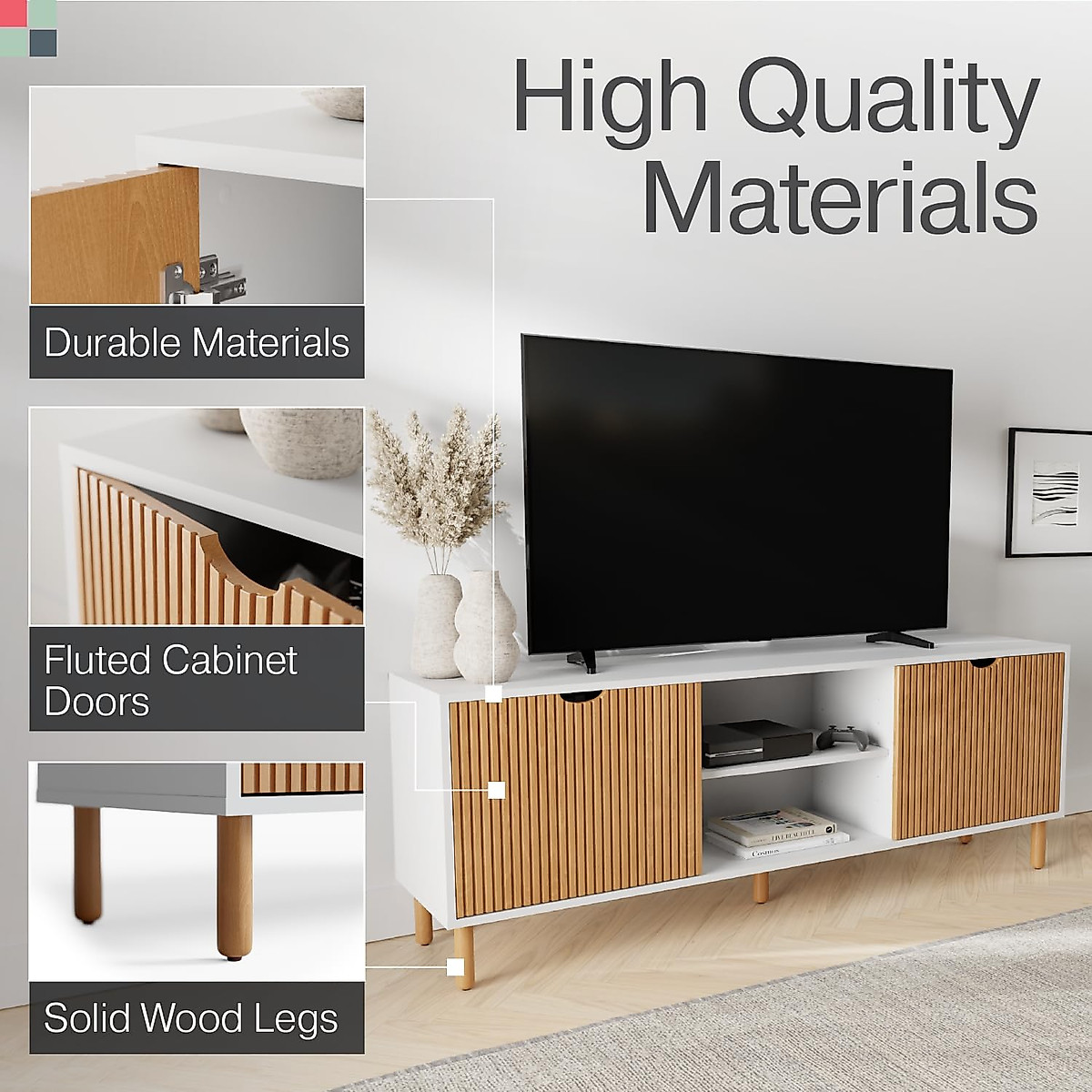 Contemporary Fluted TV Stand - Media Console - 70” Entertainment Center Console Table with Storage for Living Room - Fits 32 to 80" TVs (White and Oak)