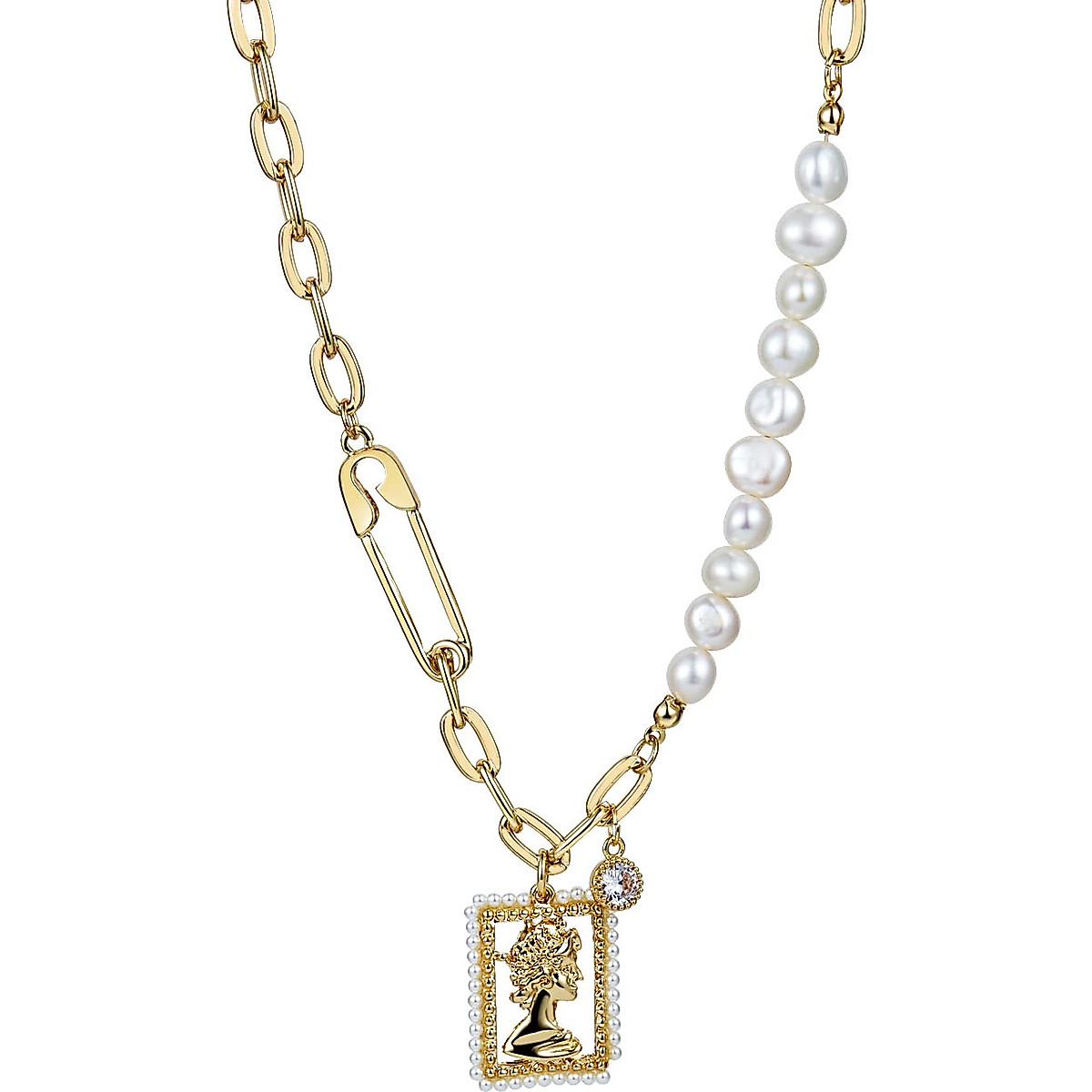 Womens Necklace Pearl necklace Pendant Necklace for Women Choker Half Pearl Half Chain Necklace with Baroque Irregular Freshwater Pearl T3-02