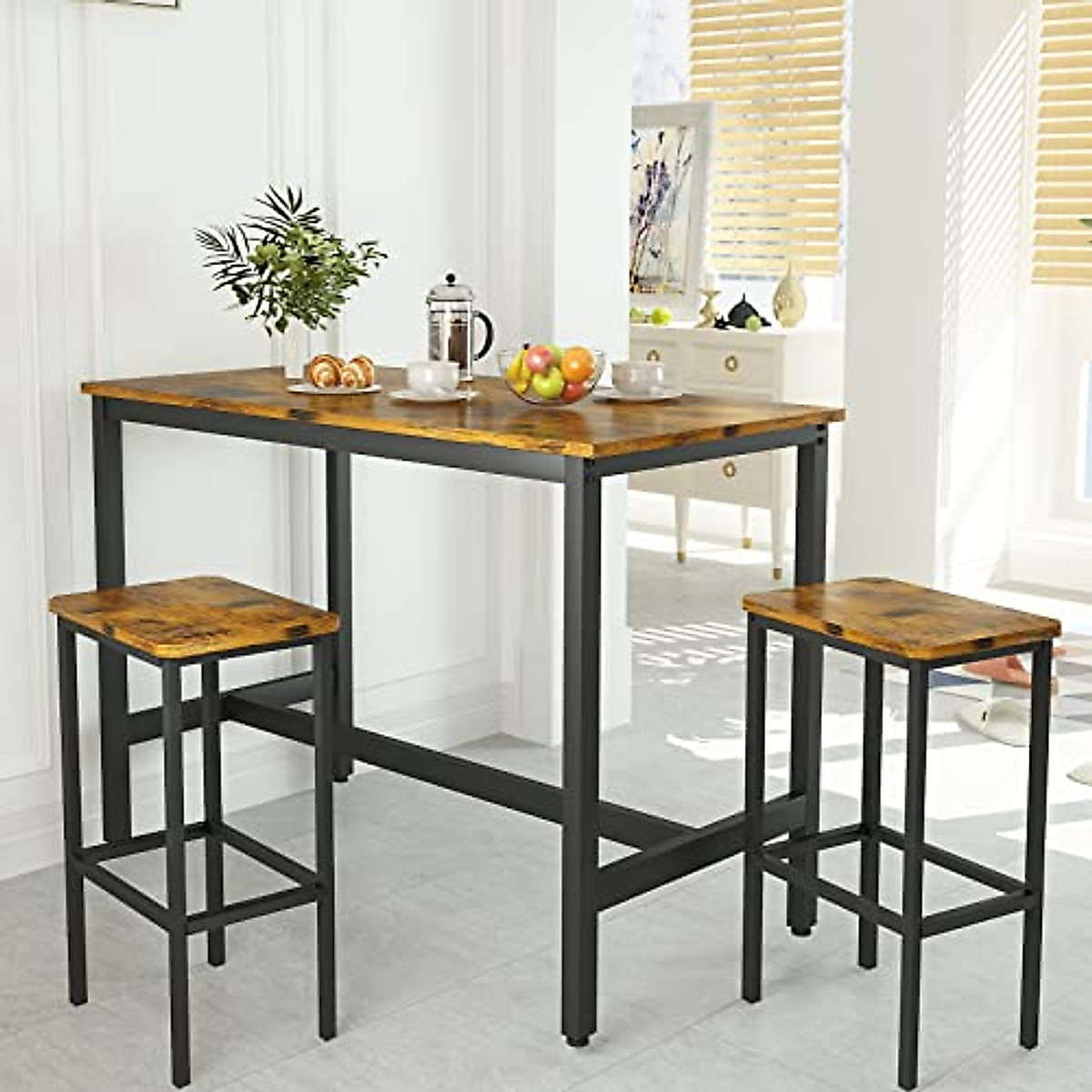 Lamerge 47.2" Bar Table Set,Pub Heigh Table with 2 Square Stools,Dining Table Set,Kitchen Counter with Bar Chairs,for Kitchen, Living Room/Sofaside,Small Space,Rustic Brown and Black