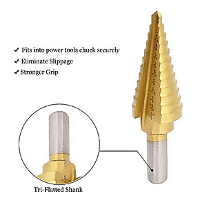 Saiper Titanium Step Drill Bit 3/16" to 7/8" (12 Step Sizes) HSS 4241 Triangle Handle Step Drill Bits Drill Holes for Plastic, Aluminum, PV Plate