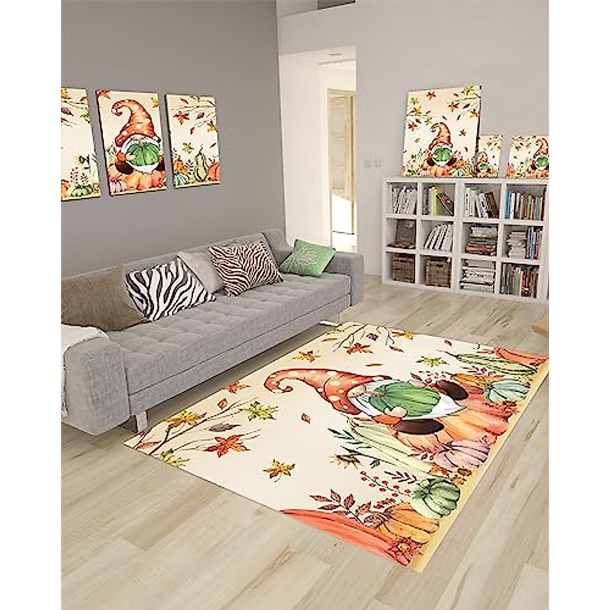 Boho Gnome Pumpkin Large Rectangular Area Rugs 5' x 8' Living Room, Durable Non Slip Rug Carpet Floor Mat for Bedroom Bedside Outdoor Thanksgiving Fall Harvest Autumn Leaf