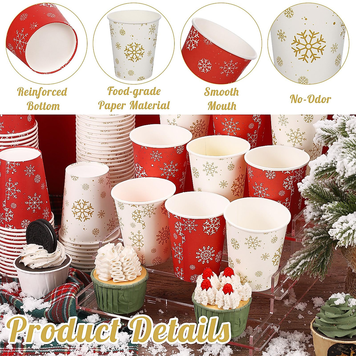 SUMAJU 100 Pcs Christmas Snowflake Paper Cups, 9 OZ Disposable Christmas Paper Cups Winter Coffee Cups Red White Snowflake Christmas Cups Drinking Tea Xmas Paper Cups for Daily Use Holiday Party
