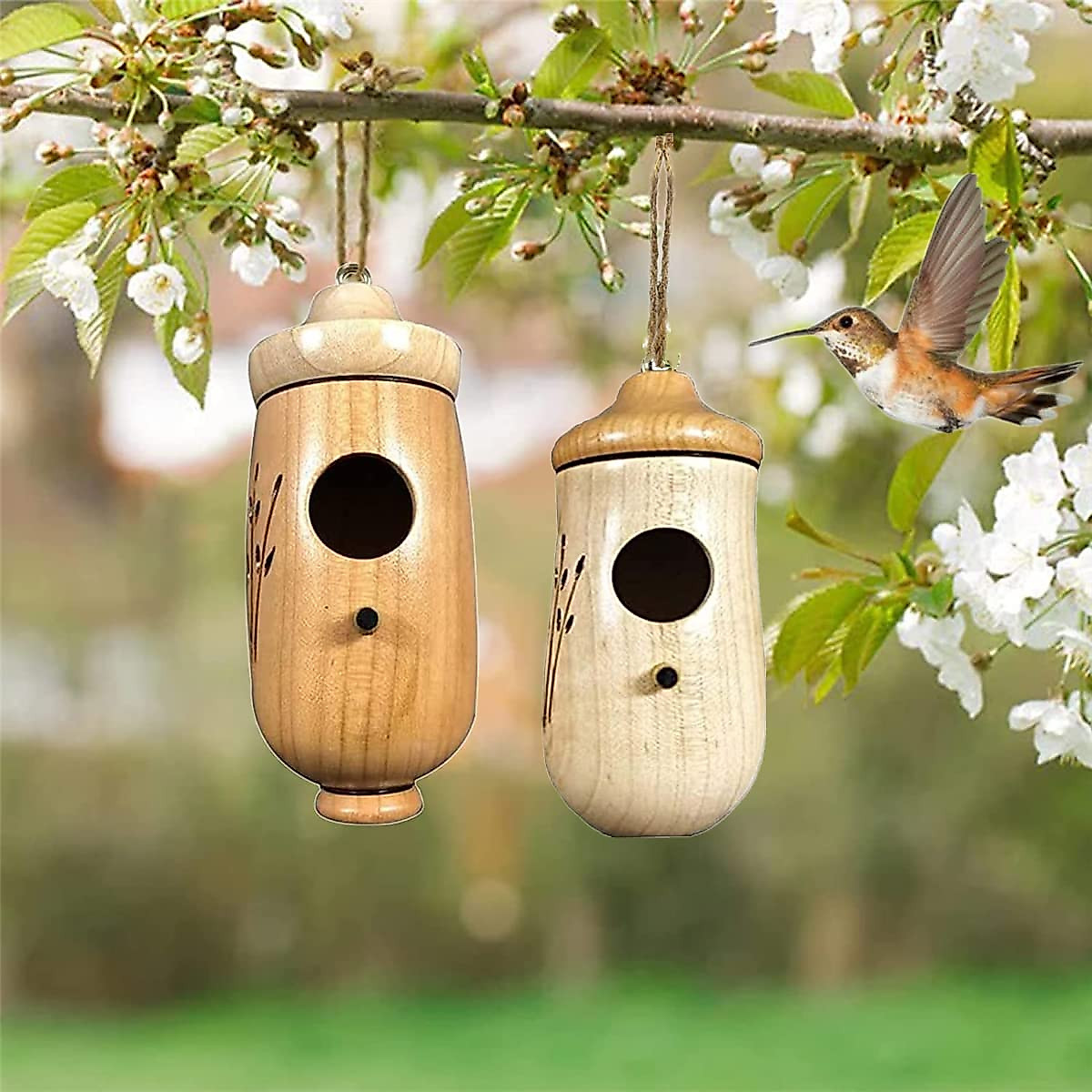 BOMEIQEE Hummingbird House, 4.5 Inches Mini Bird House, Wooden Hummingbird Swing Nest for Outside Hanging, Pet Cottage for Wren Swallow Sparrow Hummingbird Finch Houses (3PCS)
