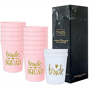 PartyGifts&beyond 13packs Bachelorette Party Cups Bride Squad Plastic Cups for Bridesmaid Gifts Bridal Shower Wedding Bachelorette Party Decorations(Pink)