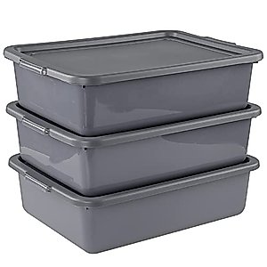 Bringer 13 L Gray Plastic Bus Tubs with Lid, Utility Commercial Bus Totes, Set of 3, F
