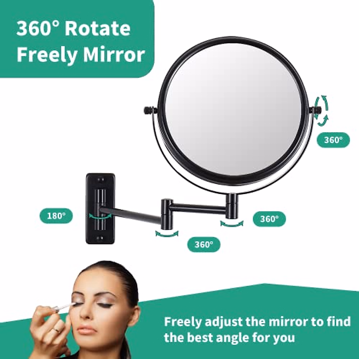 yinjupu Wall Mounted Makeup Mirror - 8-inch Double-Sided Magnifying Mirror with 360-Degree Rotation and Telescopic Lighting for Home Bathroom Shaving Vanity (Black)