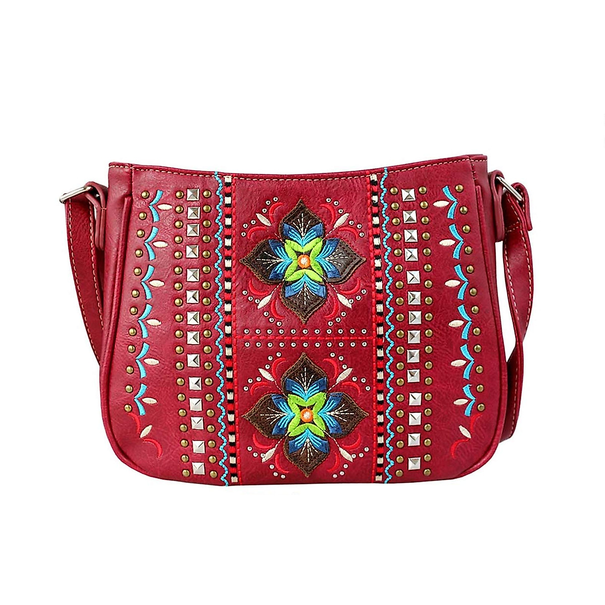 Western Tooled Leather Floral Damask Pattern Embroidered Rhinestone Concealed Crossbody Messenger Bag (Wine)