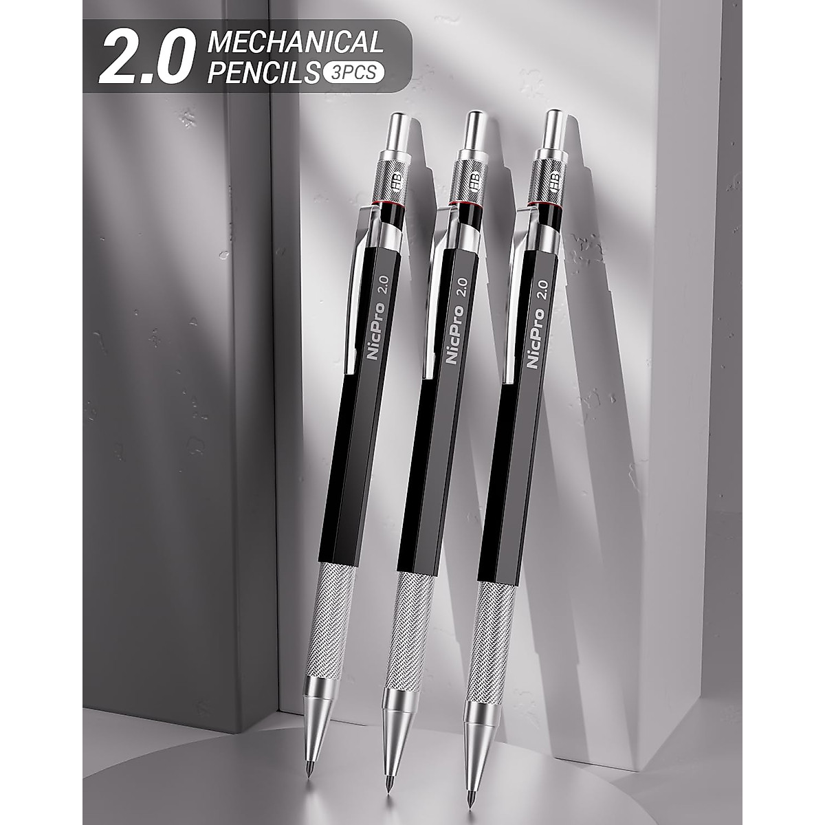 Nicpro 2mm Metal Mechanical Pencil Set with Case, 3PCS Lead Pencil Holder 2.0 mm with 144PCS Lead Refills (4H 2H HB 2B 4B 6B Color), Eraser, Sharpener for Drafting Writing Drawing Sketching