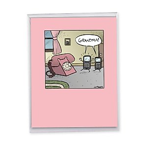 NobleWorks - 1 Large Happy Birthday Card (8.5 x 11 Inch) - Funny Cartoon Stationery for Celebrating Birthdays - Grandma Phone J1609BDG