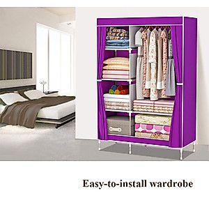 ZZBIQS Clothing Wardrobe Closet, Portable Non-Woven Fabric Garment Clothes Wardrobe Storage Organizer Shelf Rack, DIY Armoire Storage with Hanging Rod(Purple)