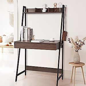 DEILALY 2 Tier Ladder Desk Computer Desk Escritorio para Computadora Desk Shelf Study Desk with Drawer Gaming Desk Study Table W31.5 PC Small Desk Metal Frame Home Office Bedroom