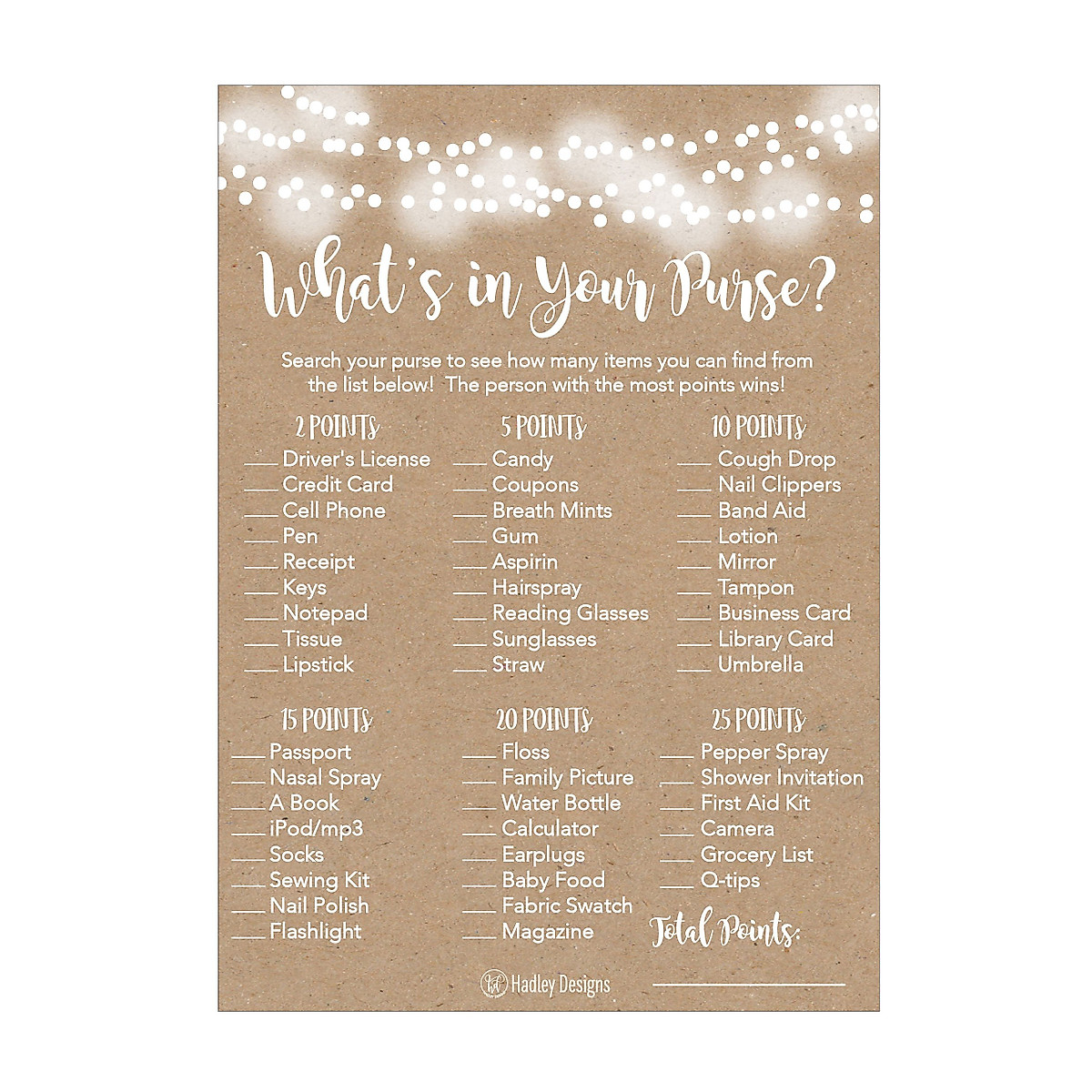 25 Rustic Whats In Your Purse Bridal Wedding Shower or Bachelorette Party Game Item Cards Engagement Activities Ideas For Couples Funny Co Ed Rehearsal Dinner Supplies and Decoration Favors For Guests