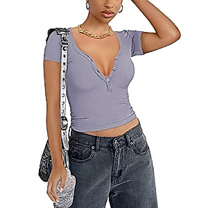 REORIA Women’s Summer Sexy Casual Henley V Neck Button Down Short Sleeve Going Out Y2K Ribbed Tshirts Crop Tops Light Haze Blue Small