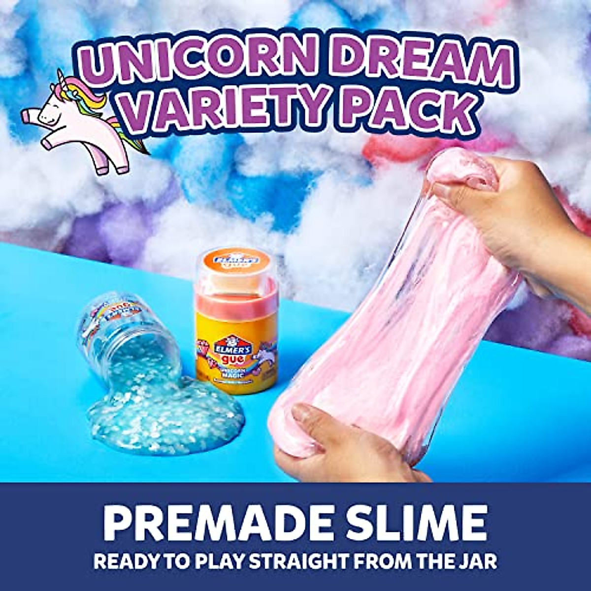 Elmer’s Gue Premade Slime, Unicorn Dream Slime Kit, Includes Fun, Unique Add-Ins, Variety Pack, 3 Count