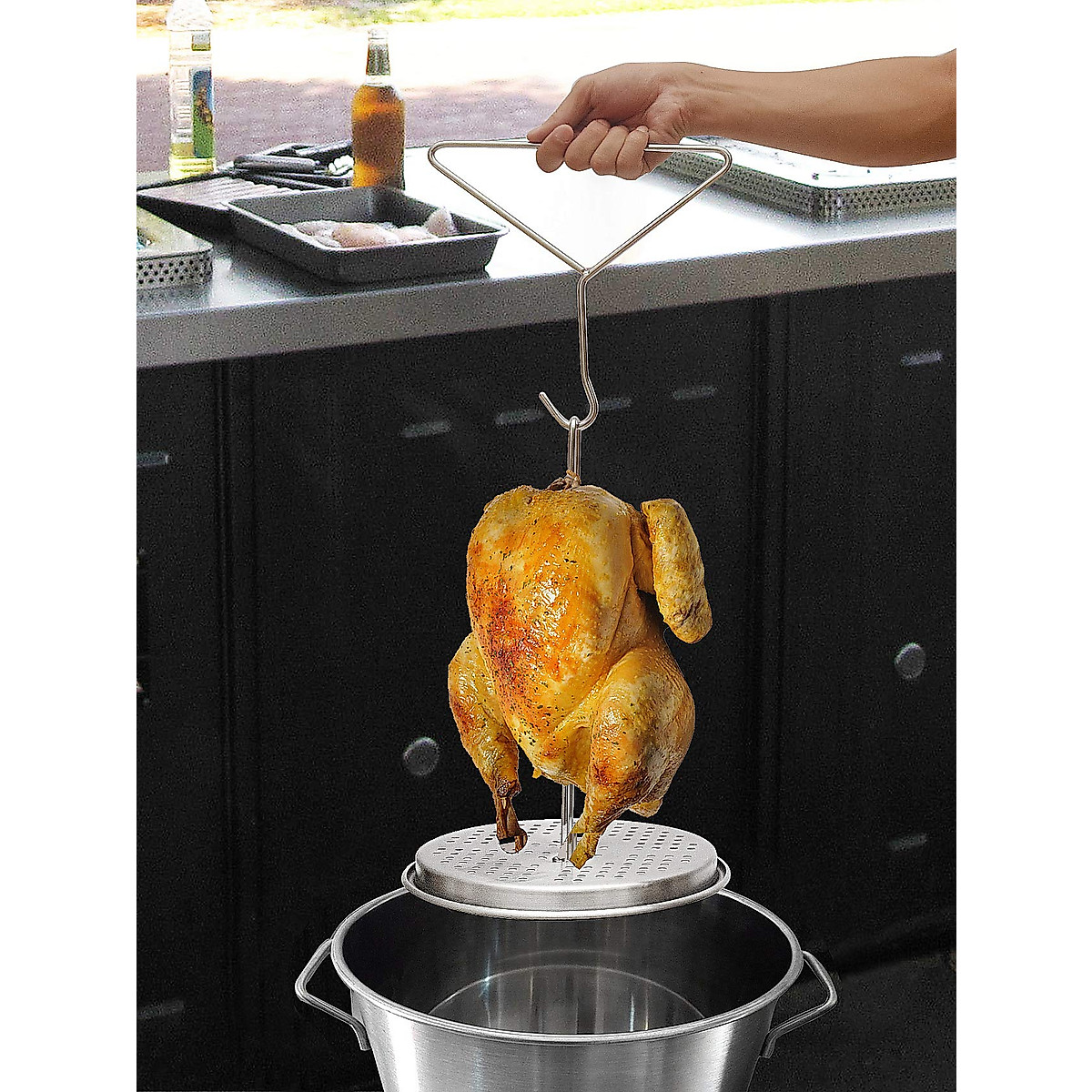 BOHK Turkey Chicken Fryer Poultry Rack Set Deep Frying Rack and Handle lifter Hook Stainless Steel Vertical Chicken Roaster Stand Rack, Heavy Duty Aluminum Roasting Drip Pan (Style A)