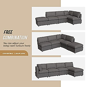 FDW L Shaped Couch Convertible 4-Seat Sofa with Ottoman for Living Room Bedroom Office, Dark Gray