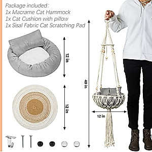 Juexica 3 Pcs Macrame Cat Hammock, Including Boho Hanging Cat Bed Cat Scratcher Cat Scratch Pad Cat Swing Hanging cat Window Perch for Cat Small Dog Sleeping Playing Climbing