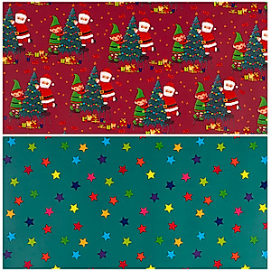 LeZakaa Reversible Christmas Wrapping Paper - Jumbo Roll - Santa Claus and Gnome & Colorful Star in Green - 24 inches x 100 Feet (200 sq.ft.)