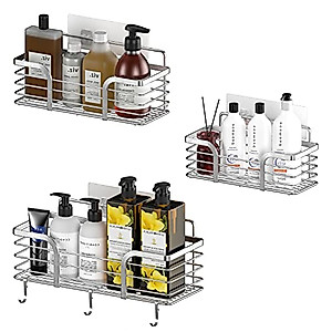 Noyarc 3-Pack Shower Caddy Shelf, Shower Organizer with Hooks, Adhesive Stainless Steel Bathroom Organizers Storage Rack, No Drilling Wall Mounted Shower Shelves for Inside Shower and Kitchen, Silver