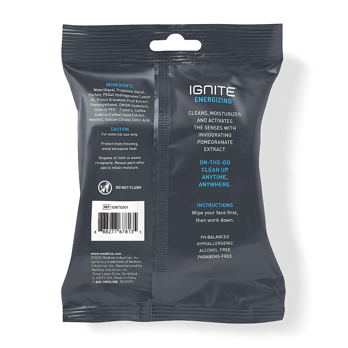 Medline Ignite Mens Body Wet Wipes, Extra Thick 8" x 8" Shower Wipes, Energizing Scent, 10 count