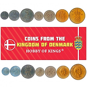 7 Coins from Denmark | Danish Coin Set Collection 1 2 5 10 25 Ore 1 2 Kroner | Circulated 1947-1960 | Frederik IX