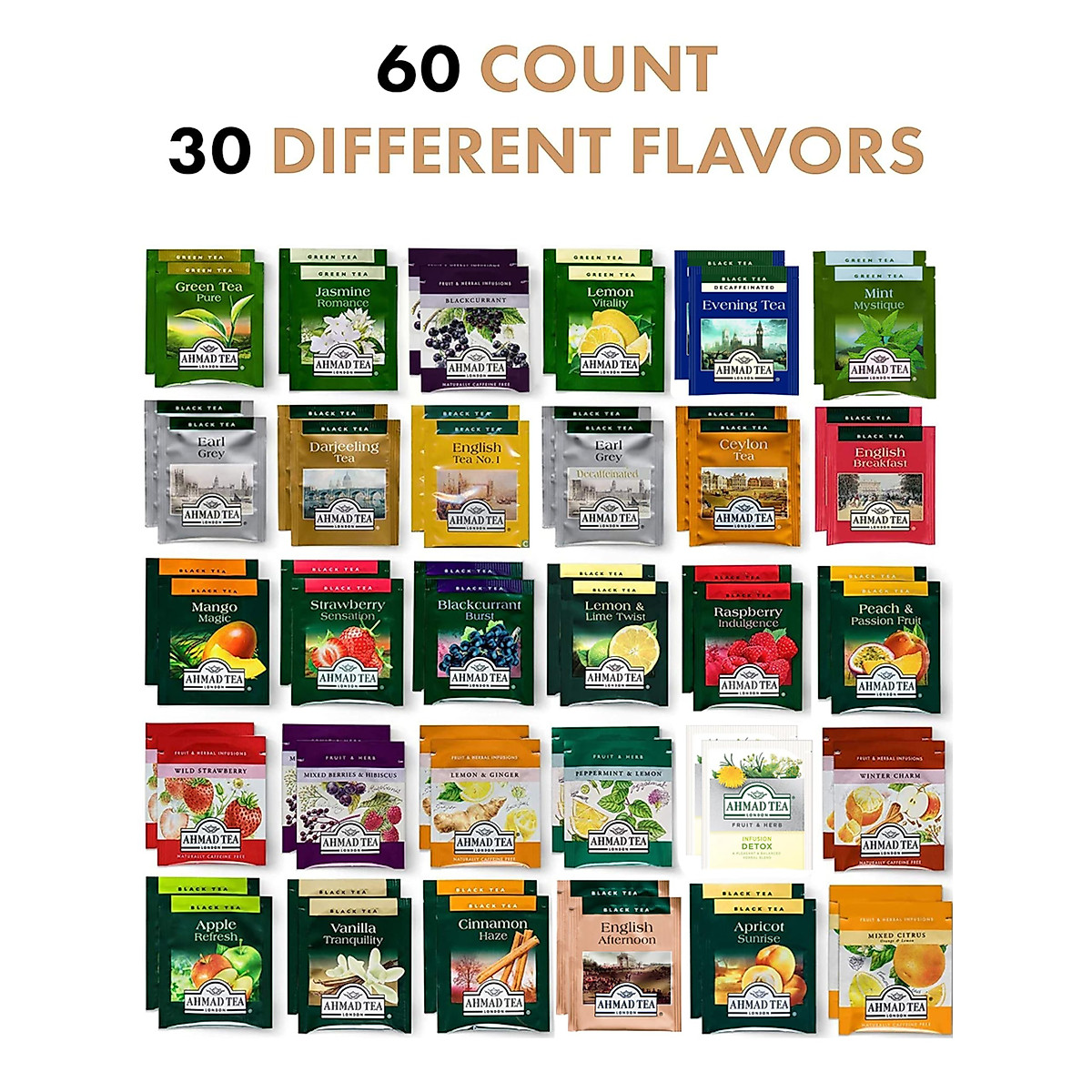 BLUE RIBBON, Ahmad Tea Sampler Assortment Gift Box (60 Count) 30 Flavors Prime Tea Bags Birthday Gifts for Tea Lovers Mom Dad Women Men Friends Coworkers