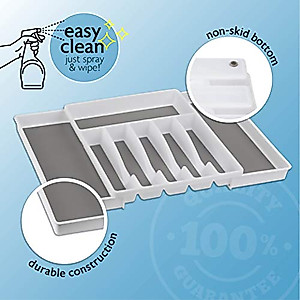 LIVORINI Expandable Kitchen Drawer Flatware Organizer | Large Plastic Silverware Tray Organizers | Adjustable Kitchen Organization for Cutlery & Utensils Holder, White Non-Slip Drawer Dividers