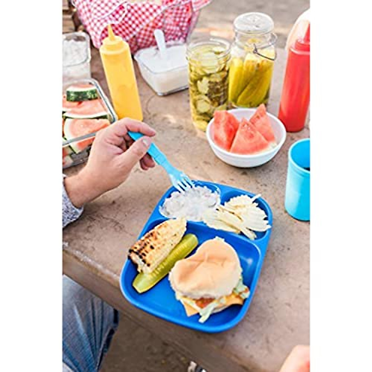 Re-Play Made in USA Large, Deep Walled Divided Plates for Kids, Set of 3 - Reusable 3 Compartment Plates, Dishwasher and Microwave Safe - 9" x 7.5" x 1.25" Divided Trays, True Blue