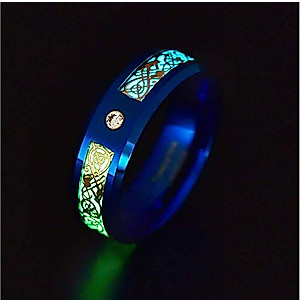 Generic 8mm Glow in The Dark Dragon Ring Royal Blue Stainless Steel Wedding Band Celtic Dragons Aurora Luminous Ring (10)