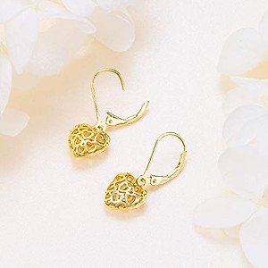 S925 Sterling Silver Heart Round Ball Dangle Drop Leverback Cage Filigree Earrings for Women