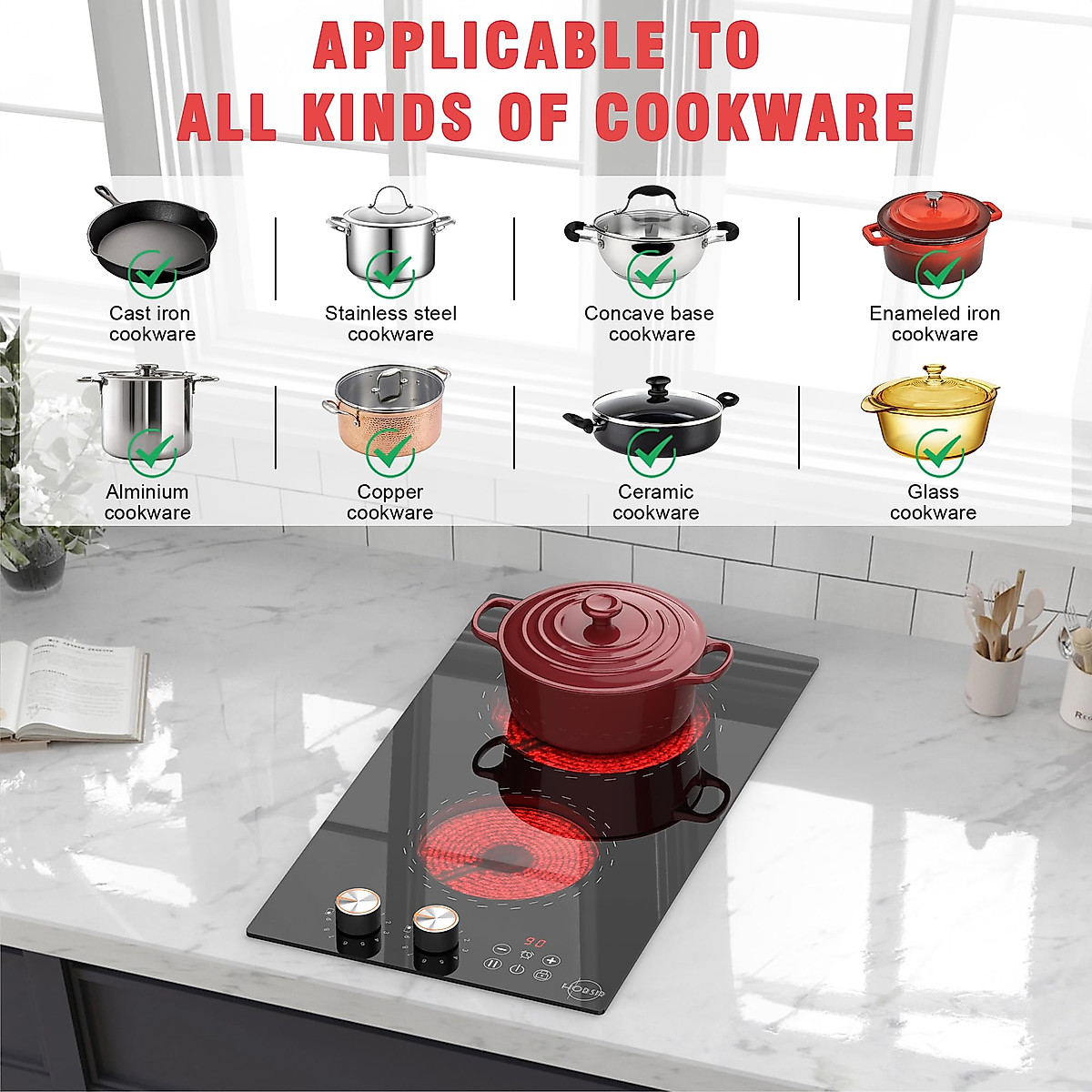 Plug-in 2 Burner Electric Cooktop, 120v Knob Electric Stove Top, 12 Inch Built-in Radiant Electric Stove 110v, Electrics Ceramic Cooktop with Child Safety Lock, Timer, Over-Temperature Protection