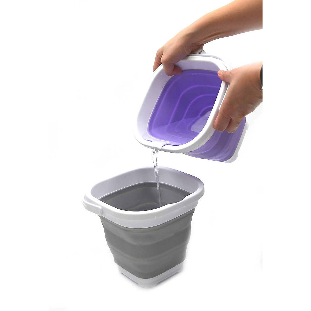 SAMMART 2.6L (0.68 Gallon) Super Mini Square Collapsible Plastic Bucket - Foldable Square Tub - Portable Fishing Water Pail - 2 Pieces Box Pack (Grey + Purple)